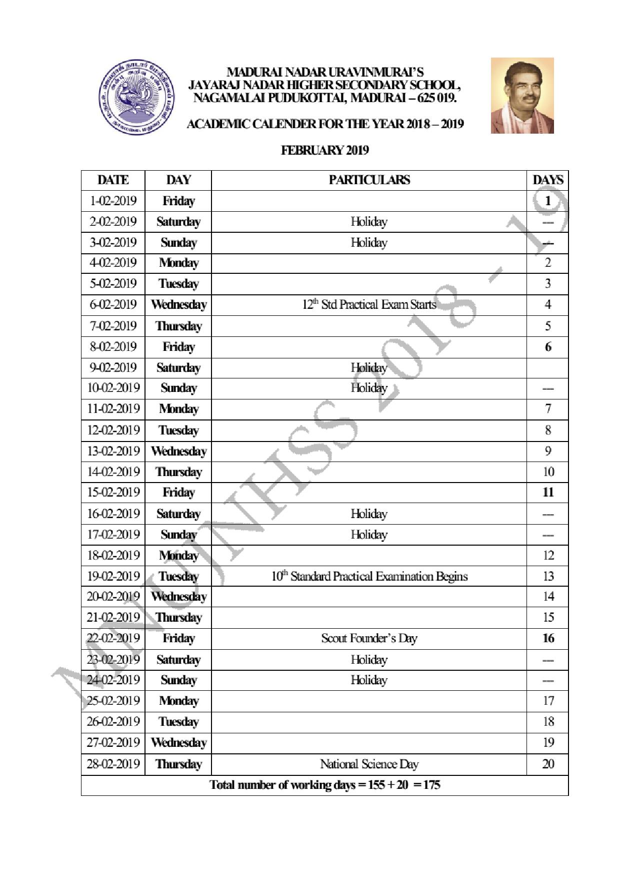 Academic calendar | M.N.U Jayaraj Nadar Higher Secondary School