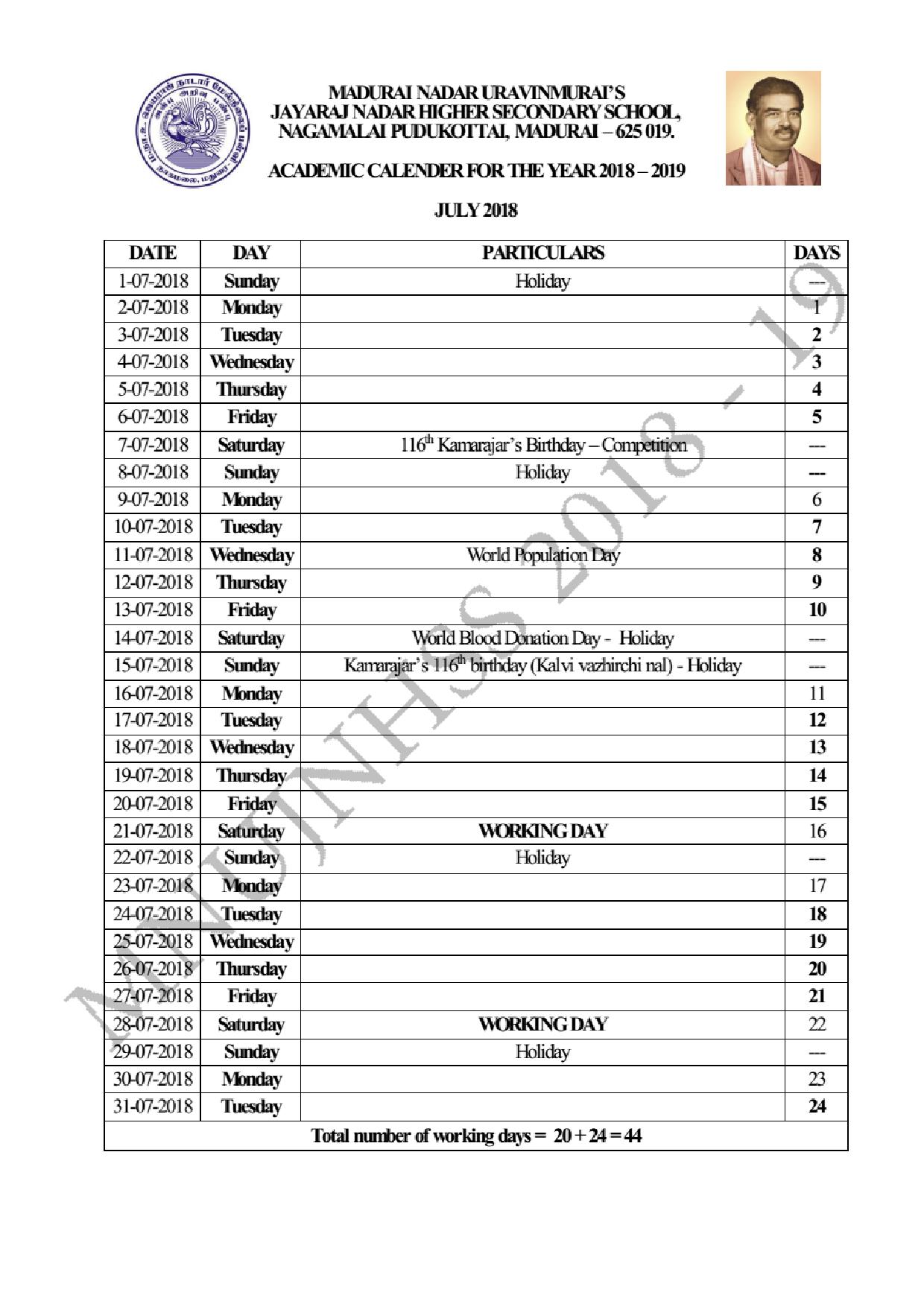 Academic calendar | M.N.U Jayaraj Nadar Higher Secondary School